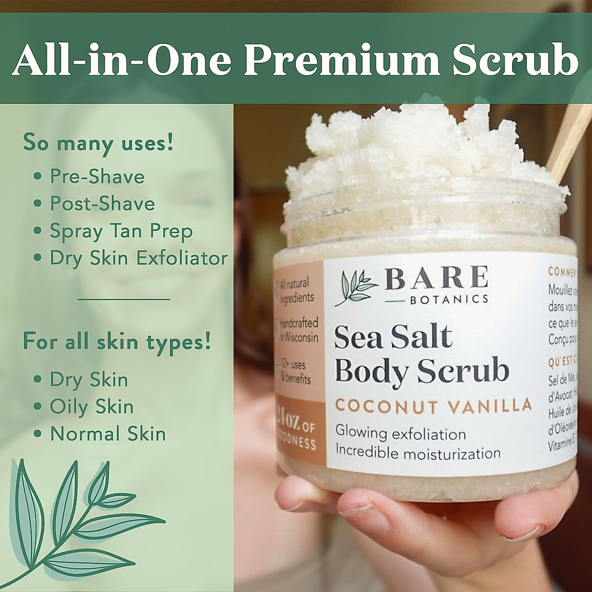 Bare Botanics Lemon Orange Body Scrub 24oz | Made in Madison, WI | All Natural Sea Salt Exfoliator w/ Skin Loving Moisturizers | Vegan & Cruelty Free | Gift Ready Packaging w/ a Cute Wooden Spoon