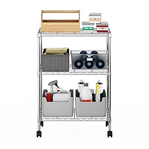 Furinno Wayar 3-Tier Metal Storage Shelf Rack Cart with Casters, 23 x 13 x 30, Stainless Steel