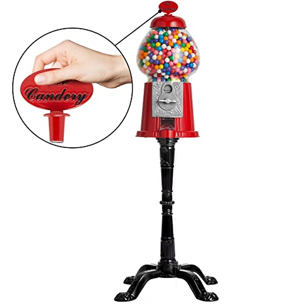 Gumball Machine - 15 Inch Candy Dispenser with Stand for Bubble Gumballs - Heavy Duty Red Metal with Large Acrylic ShatterProof Bowl - Easy Twist-Off Refill - Free or Coin Operated - by The Candery