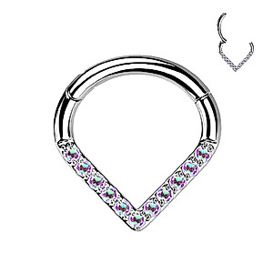 Pierced Owl 16GA G23 Implant Grade Titanium CZ Crystal Paved Chevron Shaped Segment Clicker Ring (Silver Tone/Aurora Borealis)