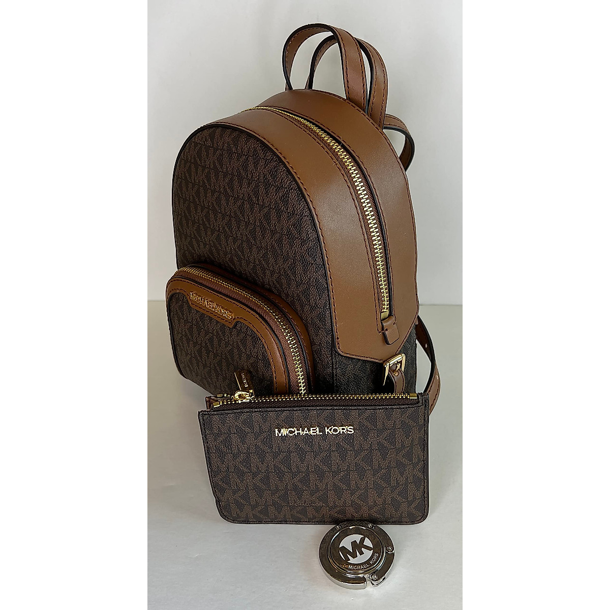 Michael Kors Jaycee XS Convertible Zip Pocket Backpack bundled with SM TZ Coinpouch Wallet Purse Hook (Signature MK Brown)