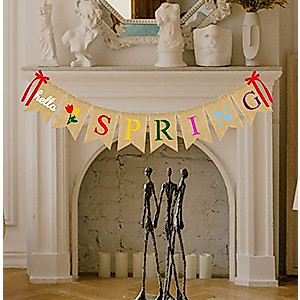 JOZON Hello Spring Burlap Banner Jute Spring Bunting Banner Garland Flower Spring Decorations for Indoor Outdoor Party Mantel Fireplace Wall Decor