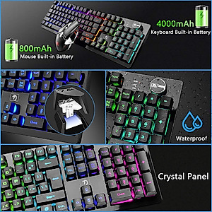 FELICON Wireless Gaming Keyboard and Mouse Set, RGB Backlit Rechargeable 4800mAh Battery, Mechanical Feel Anti-ghosting Keyboard, Control Knob for Multi-Media, Mute Gaming Mouse for Windows PC Gamer