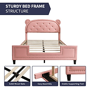 PUREMIND Twin Bed Frame for Kid, Girl Pink Children Platform Bed, Kid Bed Frame with Bear Shaped Headboard, Faux Leather Upholstered, Rivet Decoration, Wood Slats, No Box Spring Needed-Bear Twin