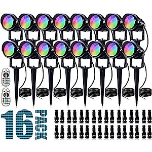 SUNVIE RGB Low Voltage Landscape Lights 12W LED Color Changing Landscape Lights Remote Control Waterproof Christmas Spotlights Outdoor Landscape Lighting for Yard Garden Pathway 16 Pack with Connector