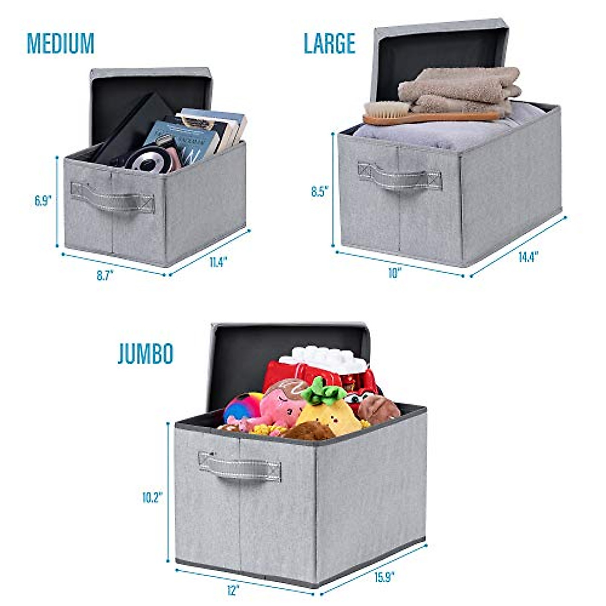 VENO Foldable Storage Bin with Lid, Sturdy Storage Box, Closet Organizer, Nursery Hamper, Collapsible Basket with Handle for Home, Bedroom, Playing Room, Office, Living Room (3-Pack, Jumbo, Gray)