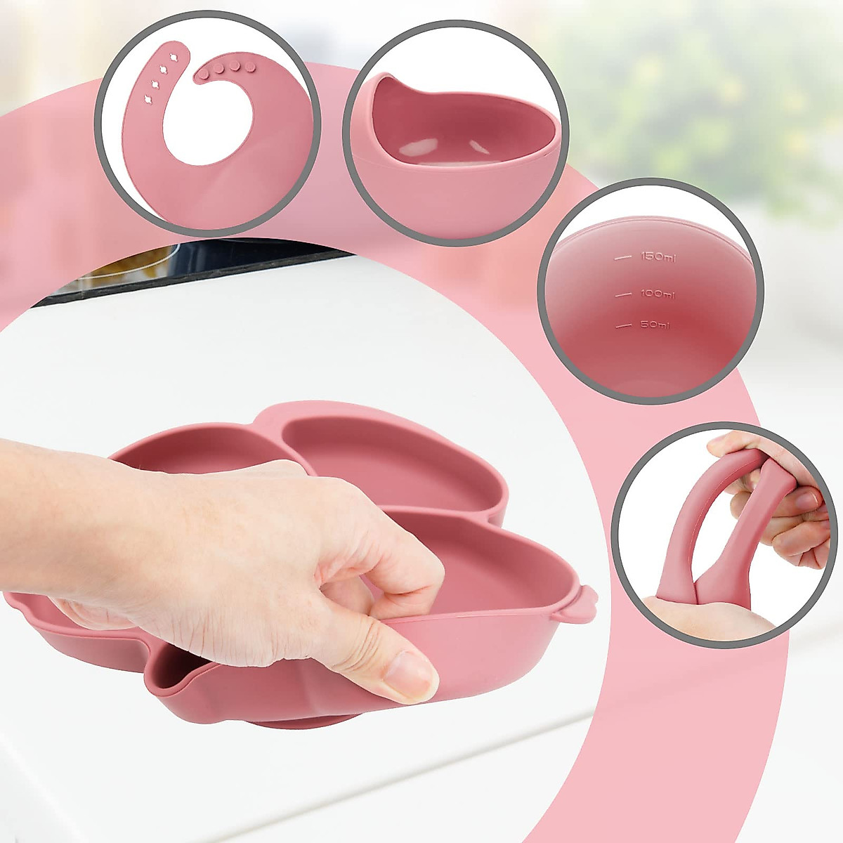 Frvesroe Baby Feeding Set, 6 Pcs Silicone Baby Led Weaning Supplies, Includes Rabbit Plate with Non-Slip Suction, Bib Bowl Cup Spoon and Fork, BPA Free for Self Feeding Kids & toddlers & Child (Pink)