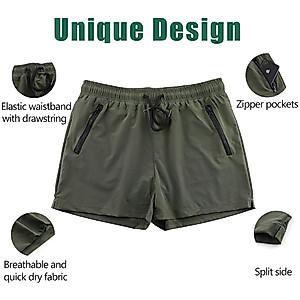 Rexcyril Men's Athletic Gym Workout Shorts 3 Inch Quick Dry Running Bodybuilding Short Shorts with Liner and Zipper Pockets, Army Green, Medium