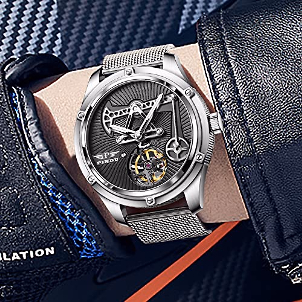 PINDU Automatic Watches for Men, Self-Designed and Modified 8215 Movement Oil Well Digging Design 50M Waterproof Analogue Watches Mens Unique Cool Mechanical Watch (Black Dial Silver Mesh Strap)