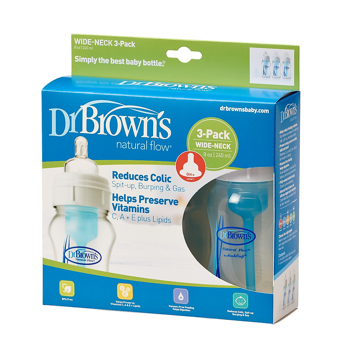 Dr. Brown's Natural Flow Wide-Neck Anti-Colic Baby Bottles - 8oz - 3pk
