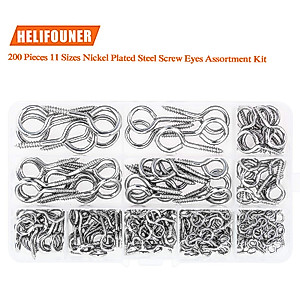 HELIFOUNER 200 Pieces 11 Sizes Nickel Plated Steel Screw Eyes Assortment Kit