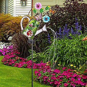 Solar Outdoor Watering Can Lights-Hummingbird Decorative Path Lights, Metal Glass Solar Powered Garden Waterfall Decor Ornament for Yard Lighting Outside