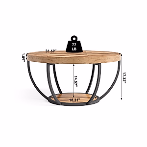 LITTLE TREE Round Coffee Table, 32" Circle Coffee Table for Living Room, 2-Tier Wood Accent Center Table with Open Storage Industrial Design Home Furniture (Wood Grain and Black)