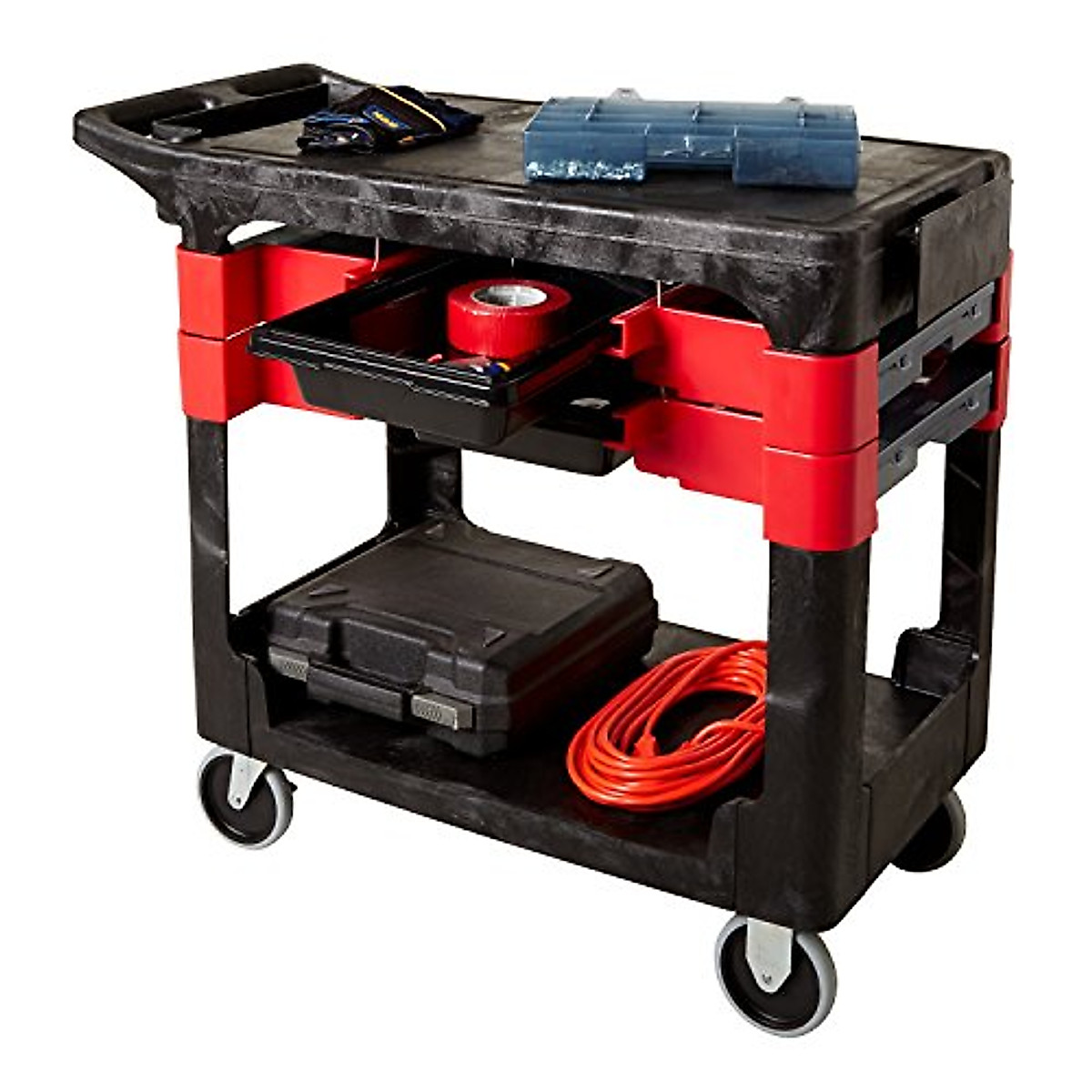 Rubbermaid Commercial Products Trades Tool Utility Cart, Mobile Work Station, With 2 Parts Boxes and 4 Parts Bins, 330 lb. Capacity, 5" Casters, Black, for Warehouse/Garage/Cleaning/Maintenance
