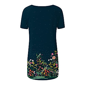 Womens Shirts Casual Womens Tunic Tops to Wear with Leggings Pattern Print Crewneck Short Sleeve Shirt Irregular Hem Tunic Hide Belly Shirt Womens Tops Summer Navy 5X