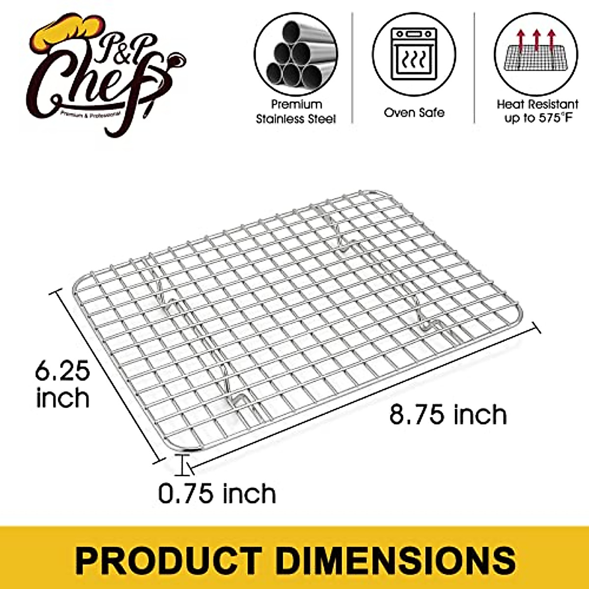 P&P CHEF Mini Grid Baking Racks Pack of 2, Stainless Steel Cooking Rack for Roasting Drying Grilling, 8.75'' x 6.25'' x 0.75'', Oven & Dishwasher Safe, Heavy Duty & Non Toxic