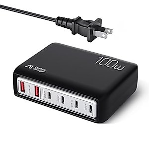 USB C Charging Station, 100W GaN 6 Port Charging Hub for Multiple Devices with PD3.0 and QC3.0 Fast Charging Stock, Power Strip for iPhone, iPad Air/Pro, Galaxy- Black