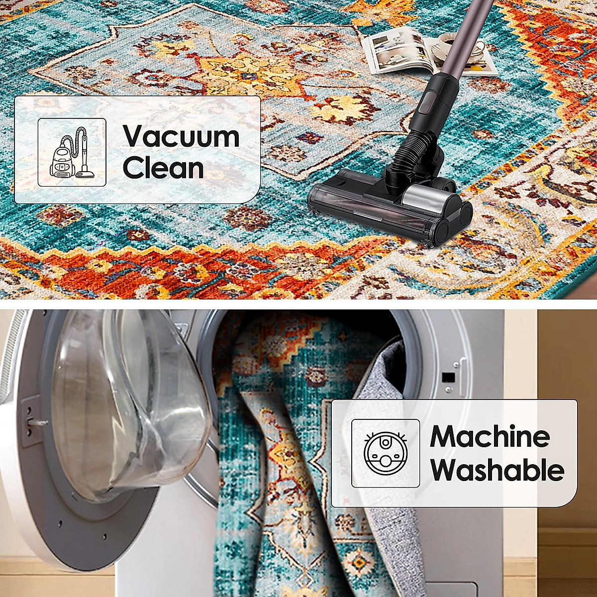 INGEROOM Washable Area Rugs for Living Room Vintage Large Area Rug 5×7 Boho Rug Non-Slip Carpet Machine Washable Area Rugs for Bedroom and Kitchen Made of Faux Wool Ruggable Rugs