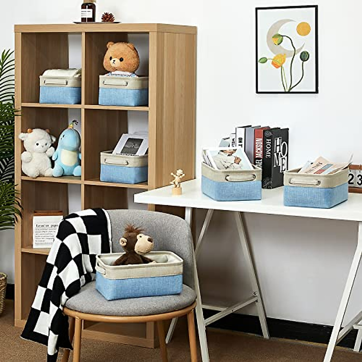 NEYKIOY Small Baskets Fabric Storage Bins 6 Pack Empty Gift Basket Decorative Storage Baskets for Shelves, Bathroom, Small Storage Basket with Handles(11.8" x 7.8" x 5.1"Inches- Beige&Blue)