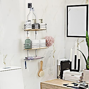 Hanging Shower Caddy, Stainless Steel Bathroom Hanging Shower Organizer Rack Basket, Rustproof Bamboo Basket with Hooks for Towels, Soap, Shampoo, shower accessories, Silver