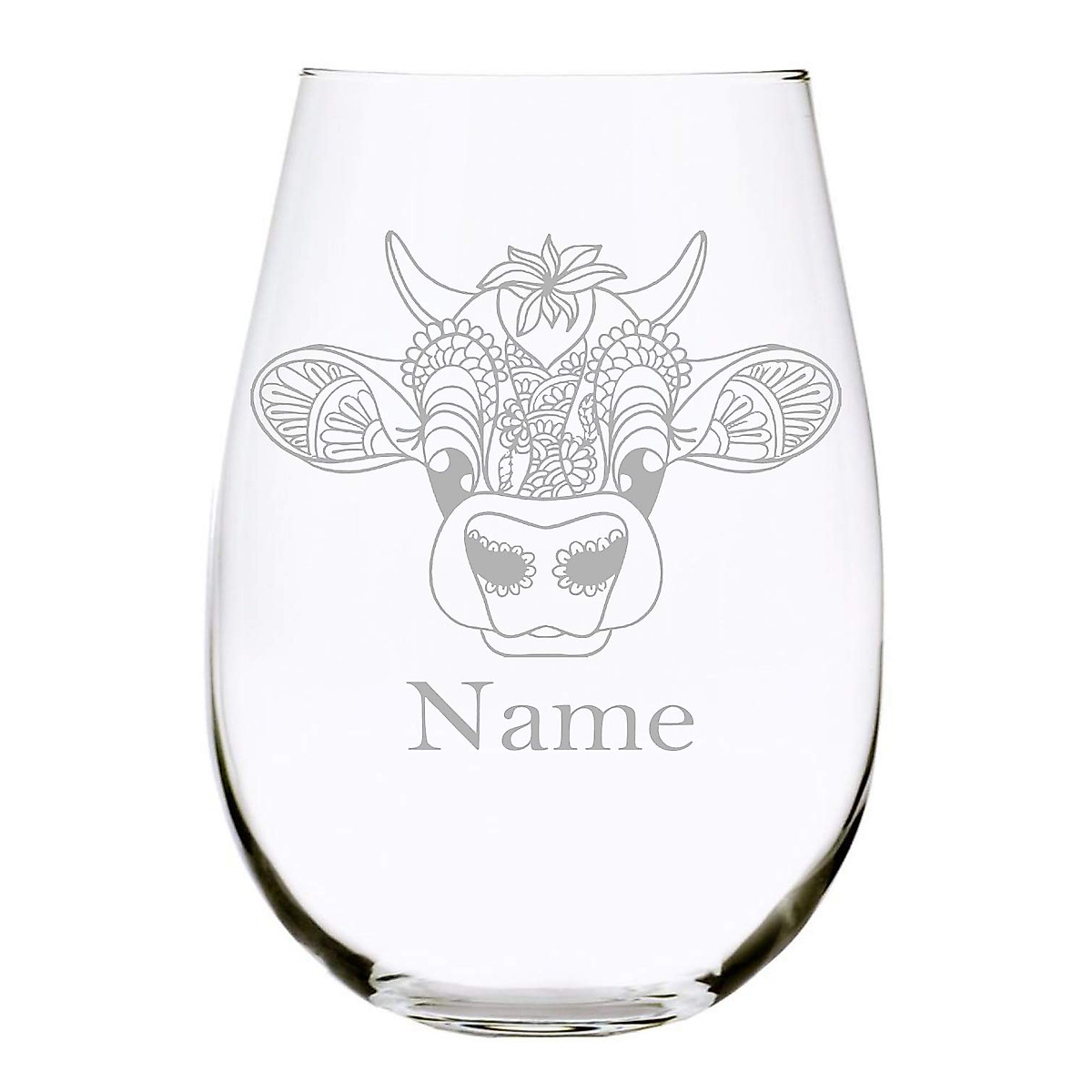 Cow with name 17 oz. stemless wine glass