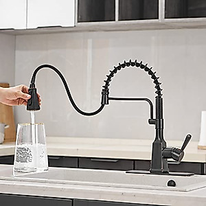 Bathfinesse Kitchen Faucet with Pull Down Sprayer High Arc Single Handle Gooseneck Spring Solid Brass Kitchen Sink Faucet with Deck Plate Oil Rubbed Bronze Commercial Faucet for Kitchen Sink Pull Out