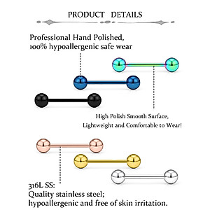 Oufksiyy 24pc 14G 16G Mixed color surgical Stainless Steel Straight Barbell Tongue Rings Bars Piercing 5/8" Length 16mm 9/16 inch 14mm 1/2inch 12mm Nipple RIngs Tongue Piercing Jewelry For Women Men