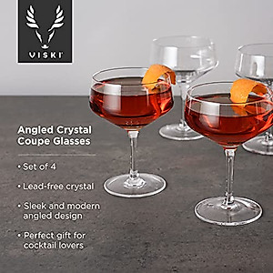 Viski Raye Angled Stemmed Crystal Coupe Cocktail glassess, Champagne Coupe Glasses, Drinkware Set, Espresso Martini glasses set of 4, 7oz