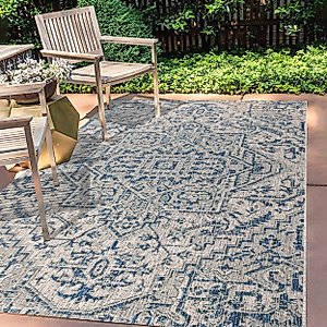JONATHAN Y SMB105B-9 Estrella Bohemian Medallion Textured Weave Indoor Outdoor Area Rug Coastal Bohemian Rustic Glam Easy Cleaning Bedroom Kitchen Backyard Patio Non Shedding, 9 X 12, Navy/Gray