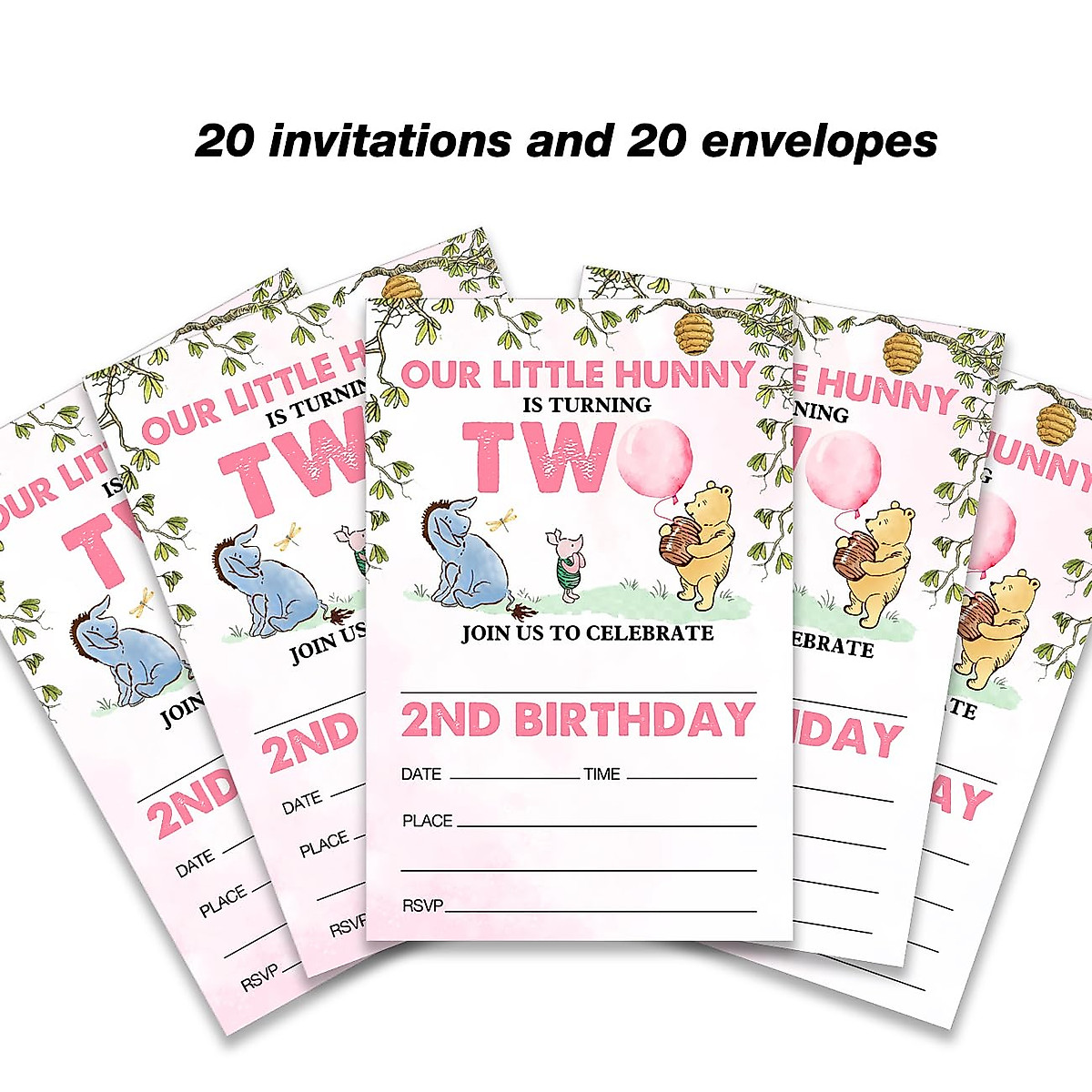 Dolimifa Winnie the Pooh 2nd Birthday Invitations Fill in Style Watercolors Winnie the Pooh Bear Pink Balloon Our Little Hunny Winnie Second Birthday Invites for 2 Year Old, 20 Count With Envelopes