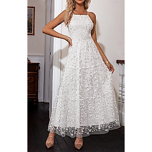 BerryGo Women's Halter Lace Flowy Long Dress Smocked Backless Elegant Beach Sun Maxi Dress for Wedding Guest White M