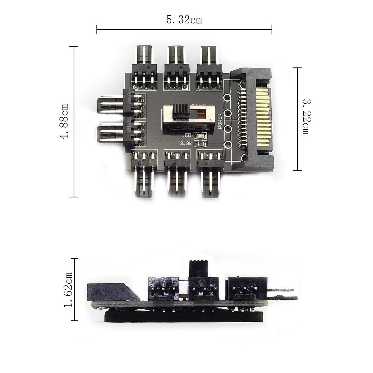 Maxmoral 1-Pack 8 Way PC Fan Hub 3Pin Computer Cooling Fan 2 Level Speed Controller PCB Adapter SATA 1 to 8 Multi Way Splitter