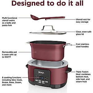 Ninja Foodi PossibleCooker PRO MC1000 8.5Qt Multicooker 8 in 1 Slow Cooker, Dutch Oven, Steam Bake Roast Sear Sauté Bread Maker Warmer, Glass Lid, Integrated Spoon, Nonstick (Cherry)