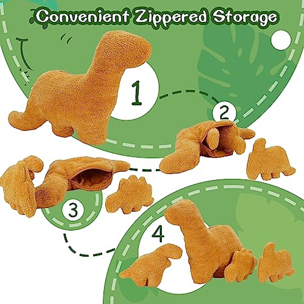 NEWYANG 4 Pieces Dino Nugget Pillow Set - Large Chicken Nugget Plush with 3 Dino Plush Toys, Creative Dinosaur Stuffed Animal Doll for Boys and Girls Birthday Gift Party Favors