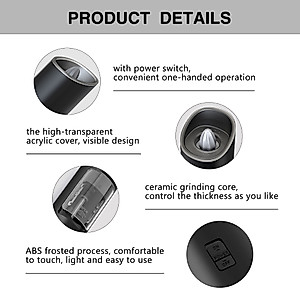 Electric Pepper Salt Grinder Gravity Automatic Spice Grinder Battery Powered Pepper Mill with LED Light Adjustable Coarseness One Hand Operation for Kitchen Resturant Camping BBQ Black