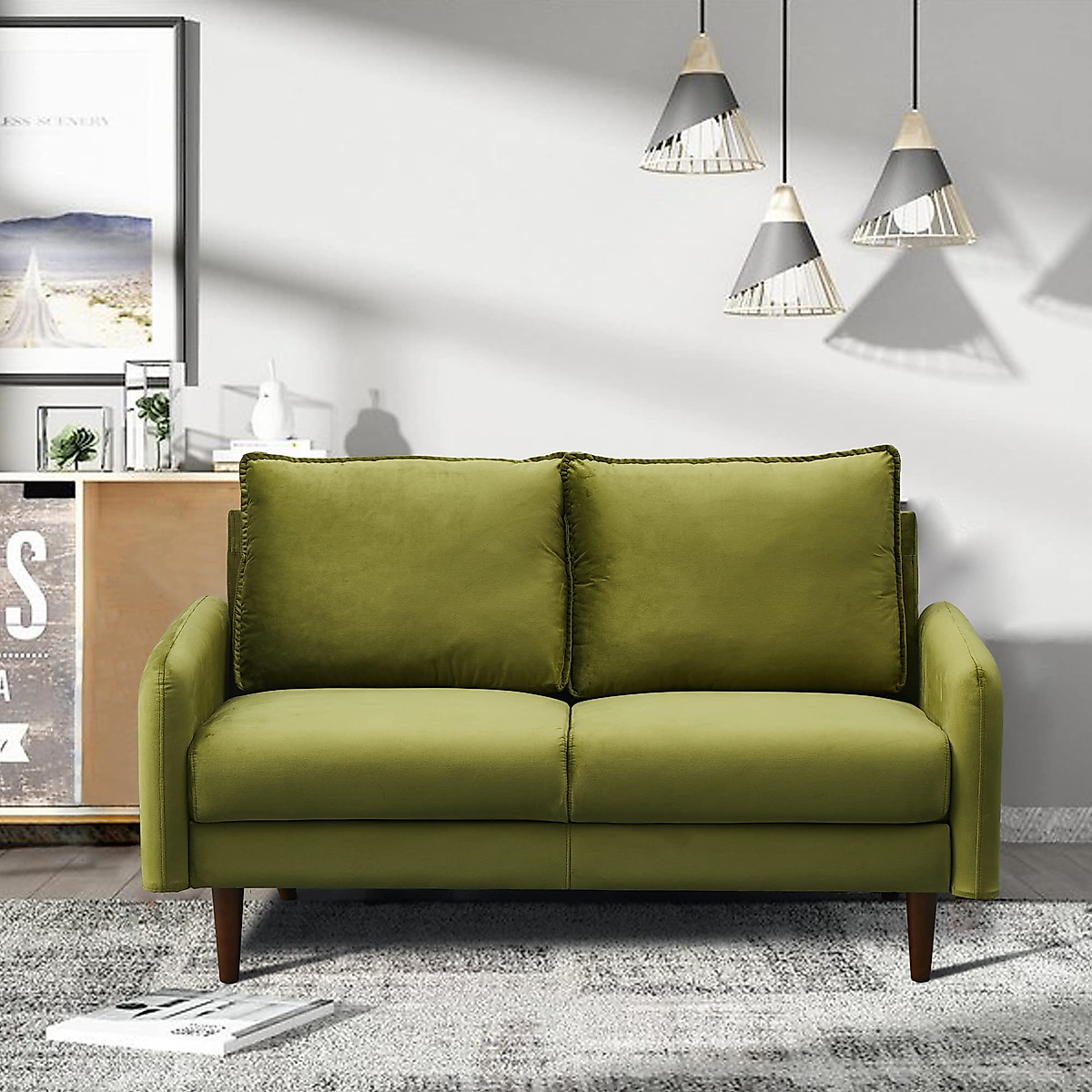 INSTORY Velvet Loveseat Mid-Century Modern Sofa Tufted Couch with Wooden Legs for Living Room - Army Green
