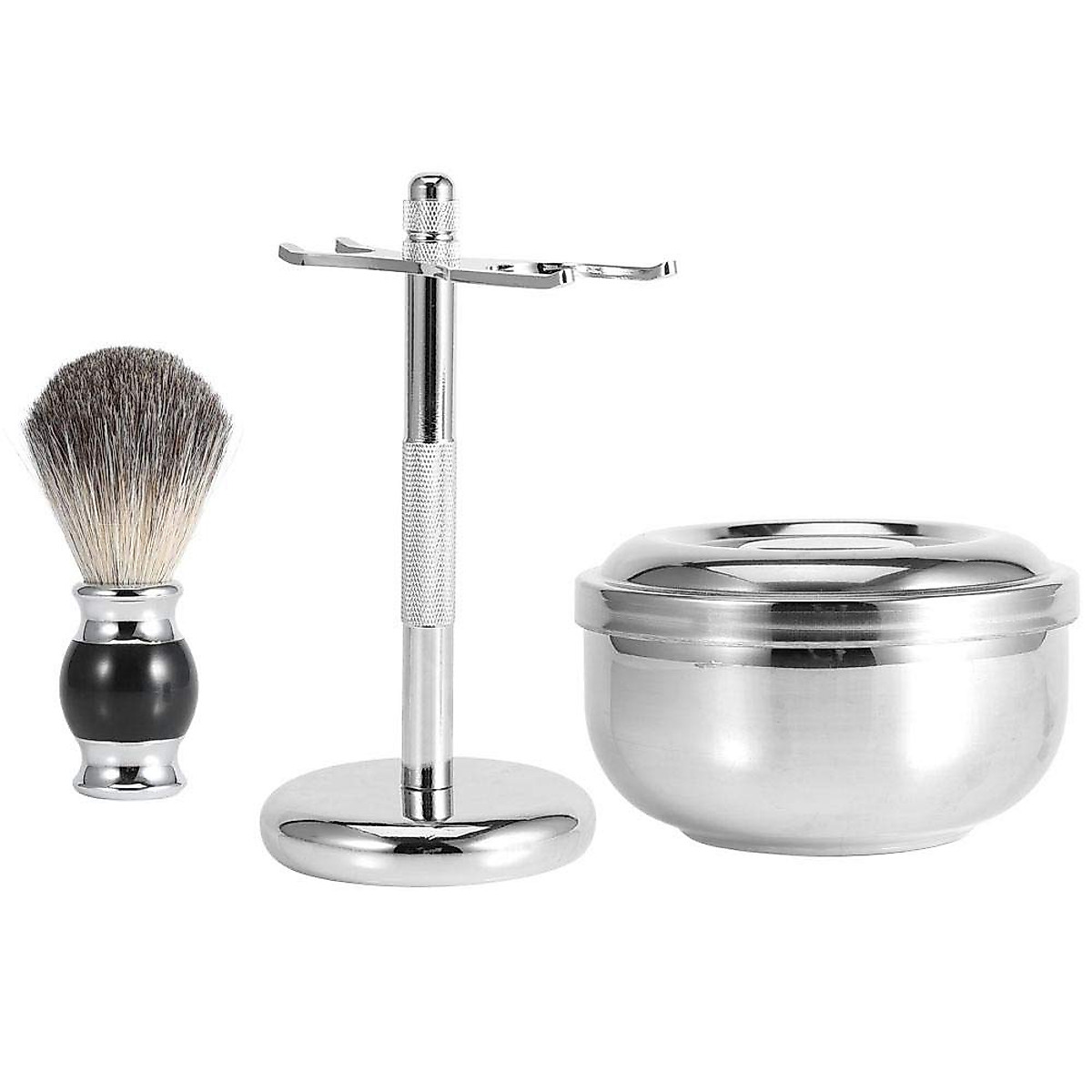 Birsppy Shaving Set, 3Pcs Faux Badger Hair Shaving Brush Resin & Metal Handle + Professional Men Shaving Tool Stand Holder + Alloy Soap Mug Bowl Kit, Perfect for Men Gift