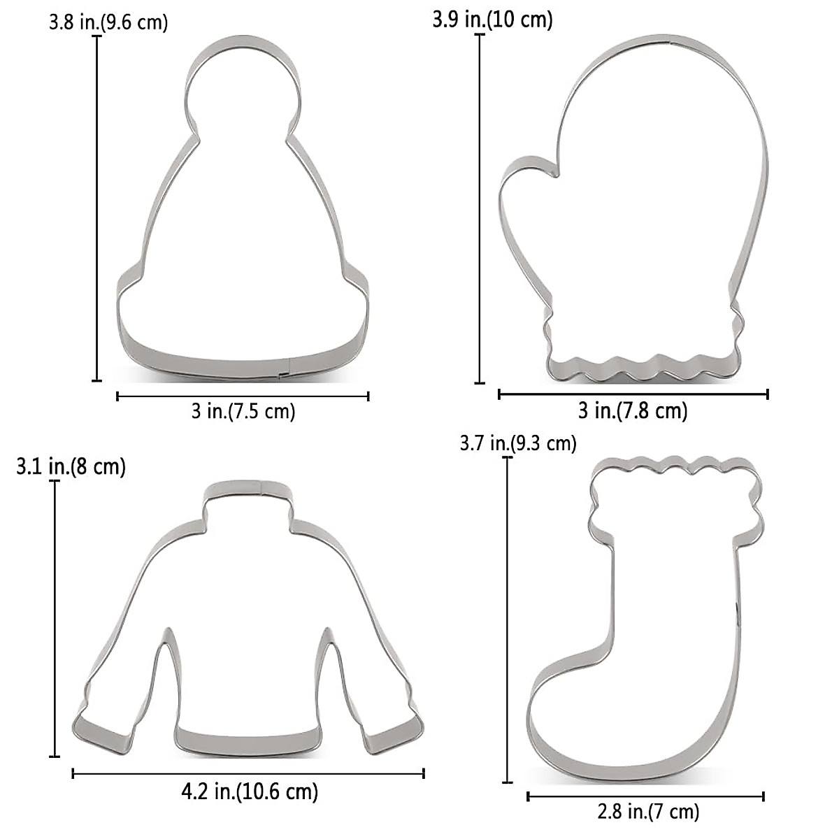 LILIAO Winter Holiday Christmas Cookie Cutter Set - 4 Piece - Ugly Sweater, Stocking, Hat and Mitten Fondant Biscuit Cutters - Stainless Steel