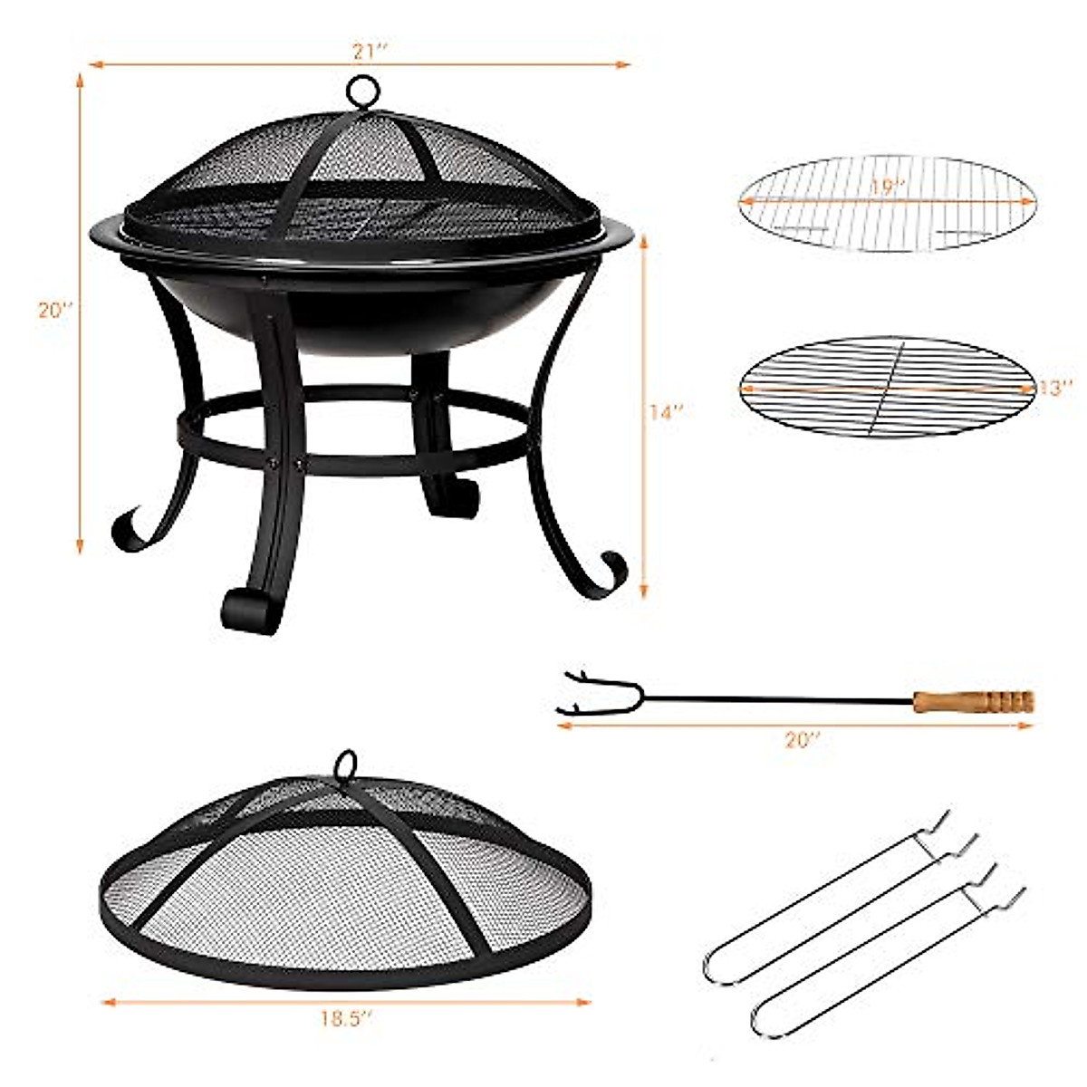 DORTALA 22” Steel Fire Pit, Wood Burning Fire Pit w/Round Mesh Spark Screen Cover, Poker and 2 Grate, Steel Fire Pit Bowl w/Grilling Grate Handle Bonfire Patio Backyard Black