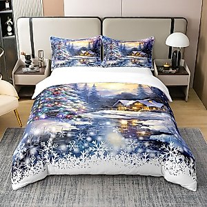 Farmhouse Winter 100% Cotton Duvet Cover King Size Watercolor Christmas Trees Colorful Lights Decor Bedding Set for Kids Teens Adults Jungle Cabin Rustic Dreamy Comforter Cover with 2 Pillowcases