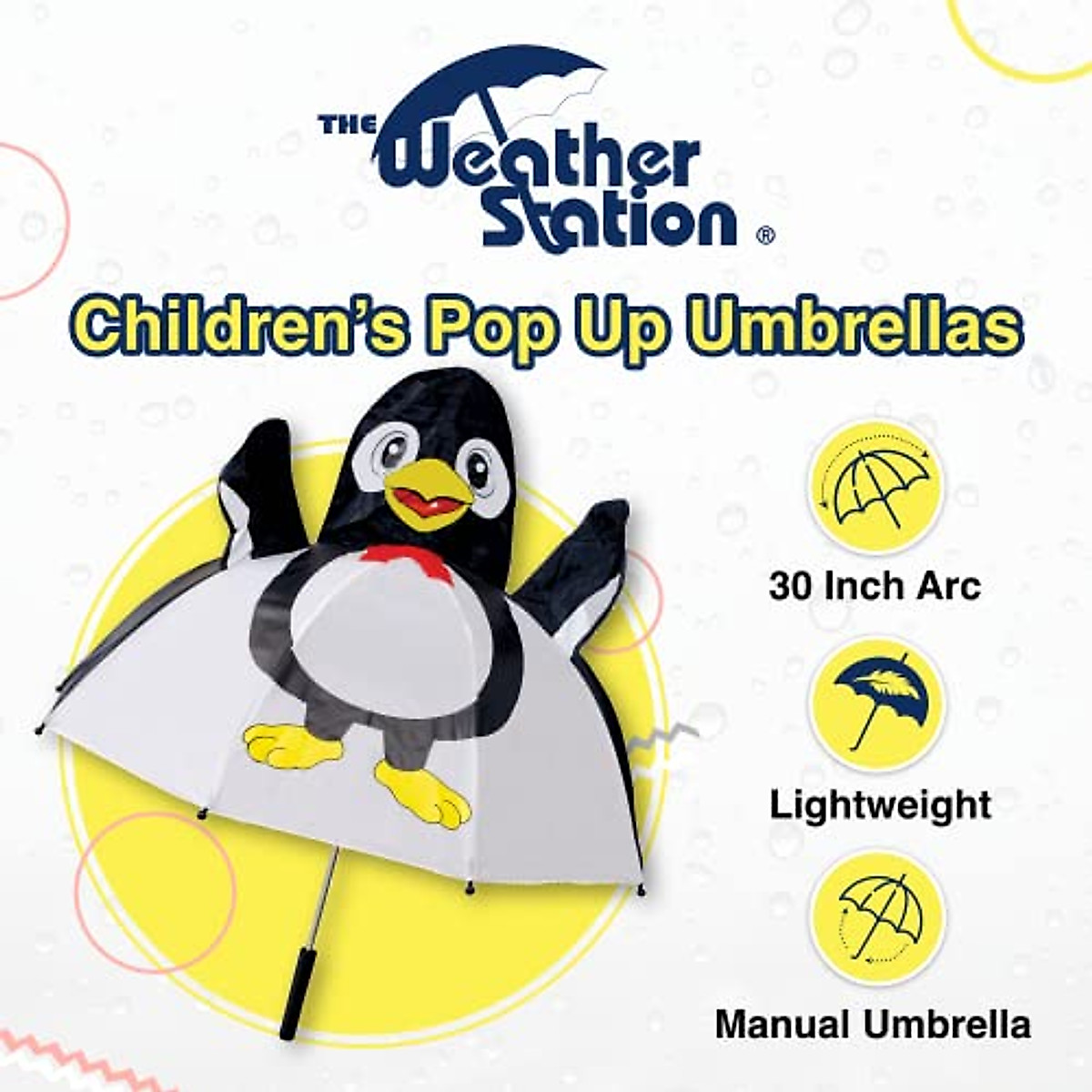 The Weather Station Children's Rain Umbrella, Manual Metal Folding Pop Up Mini Umbrella, Windproof, Lightweight, and Packable for Travel, Full 32 Inch Arc, Penguin