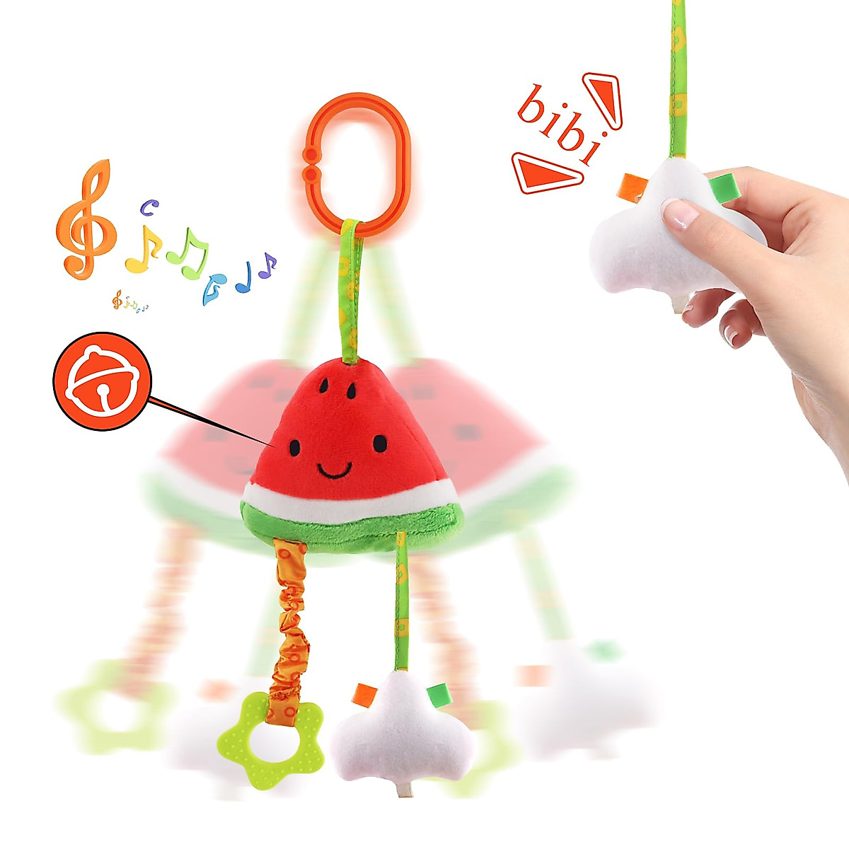 KAKIBLIN Baby Hanging Toys, 4 Pack Carseat Toys,Early Baby Cognitive Sensory Hanging Bassinet Toys,Soft Hanging Toys for Crib Stroller Baby Gym Mobile Plush Toys,Suitable for Babies 0-12 Months,Fruit