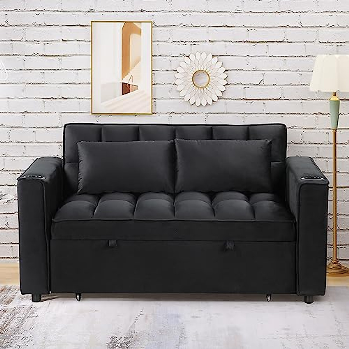 4 in 1 Convertible Pull Out Sleeper Sofa Bed,Adjustable Loveseat Armchair Single Couch Chair with Cup Holder,USB Port,Side Pocket&Pillows for Living Room Apartment Small Space Furniture Set