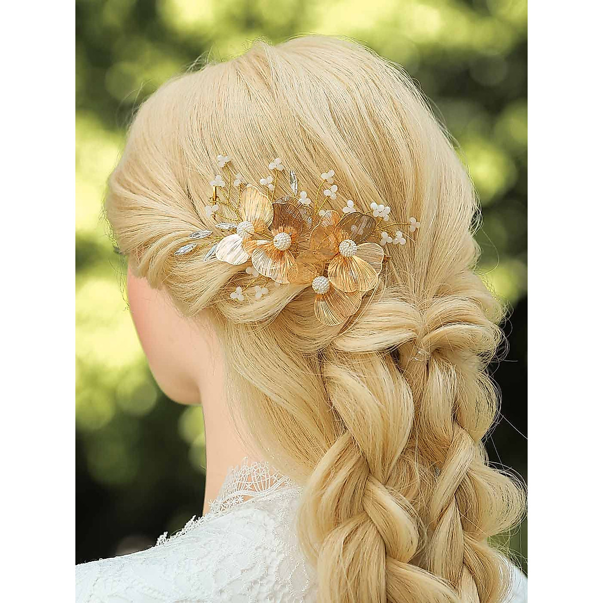 Catery Flower Bride Wedding Hair Vine Gold Floral Headband Pearl Bridal Headpiece Head Piece Hair Band Hair Accessories for Women and Girls
