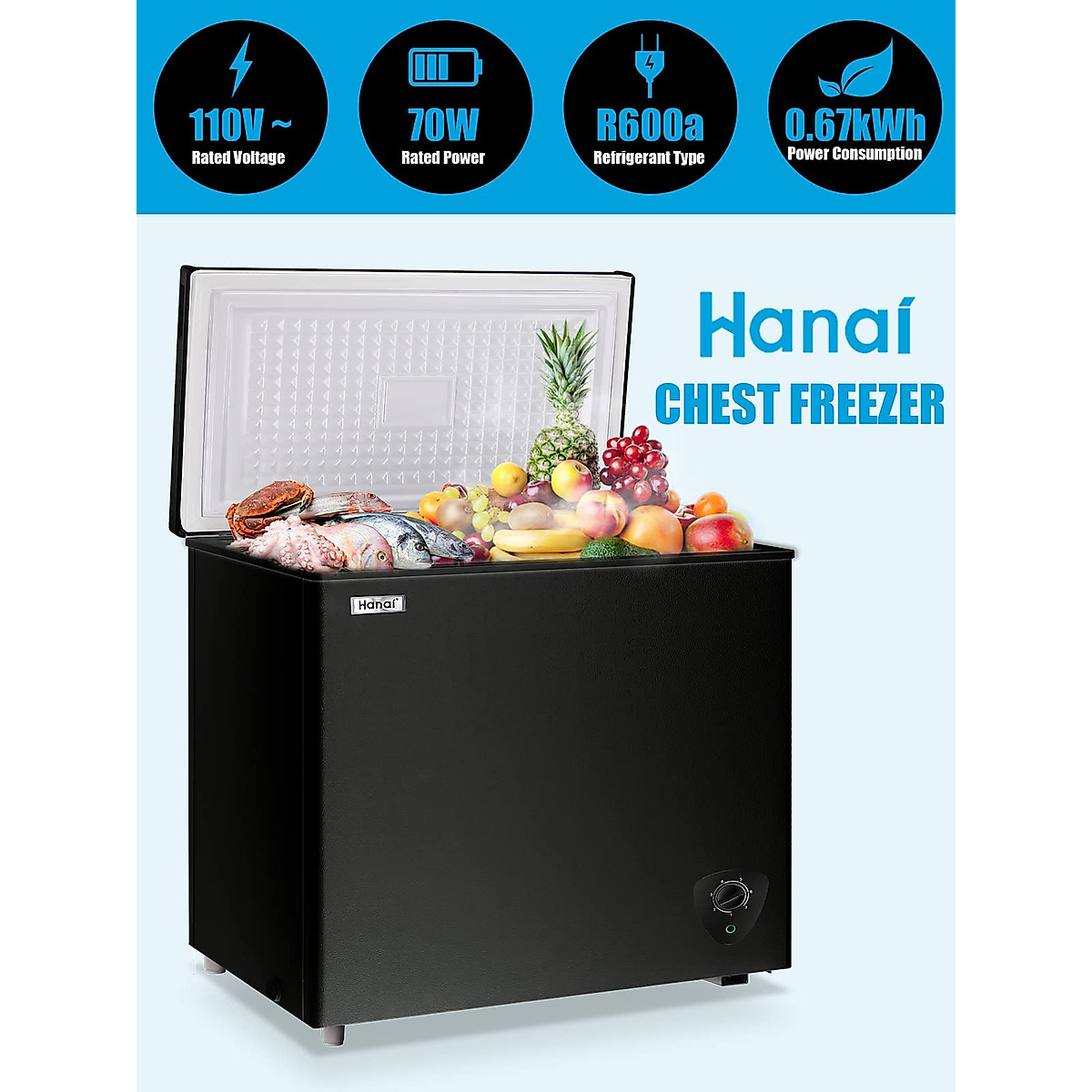 Chest Freezer WANAI 7.0 Cu.Ft Compact Chest FreezerDeep Freezers Free-Standing Top Door Freezer Removable Basket and Adjustable 7 Thermostat Open Deep Freezer Energy Saving Garage Basement Apartment K