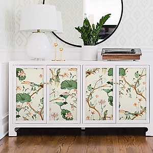 GloryTik 16.14" x 118" Floral Peel and Stick Wallpaper Lotus Leaf Birds Self Adhesive Wallpaper Flowers Contact Paper Beige/Green/Pink Removable Wallpaper for Room Wall Cabinets Decoration