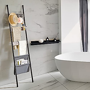 IBUYKE Blanket Rack Towel Rack Holder with Hooks Blanket Ladders Wall Leaning Metal Holder Rack for Living Room,Bathroom,Bedroom Home Decor Rustic Brown TTR001H