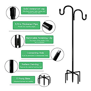 STARFAMI Double Shepherds Hook for Outdoor with 5 Prongs Base, Upgraded Adjustable Garden Hanging Stand Plant Holders for Bird Feeder, Plant Baskets, Solar Light Lanterns, Wedding (60 Inch 2pcs)
