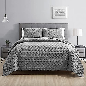 Sunshine Nicole Knit Quilt Set, Cotton Jersey Fabric for Face and Reverse, with Light Weight Soft Poly Fill, 3 Pieces Grey, Queen