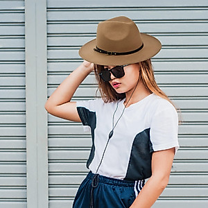 Women Classic Wide Brim Fedora Hat, 4 Pack Retro Panama Hat Wool Fedora Hat with Belt Buckle (Black+Army Green+Camel+Wine Red)